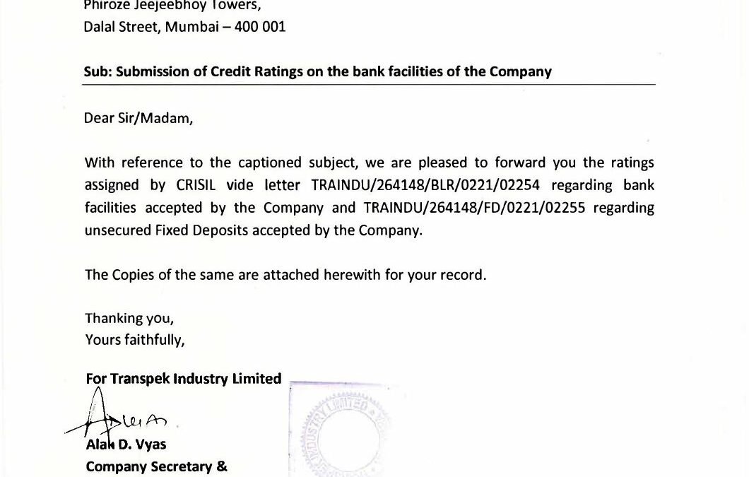 Credit Rating Letter BSE 06 02 2021 Transpek Industry Limited