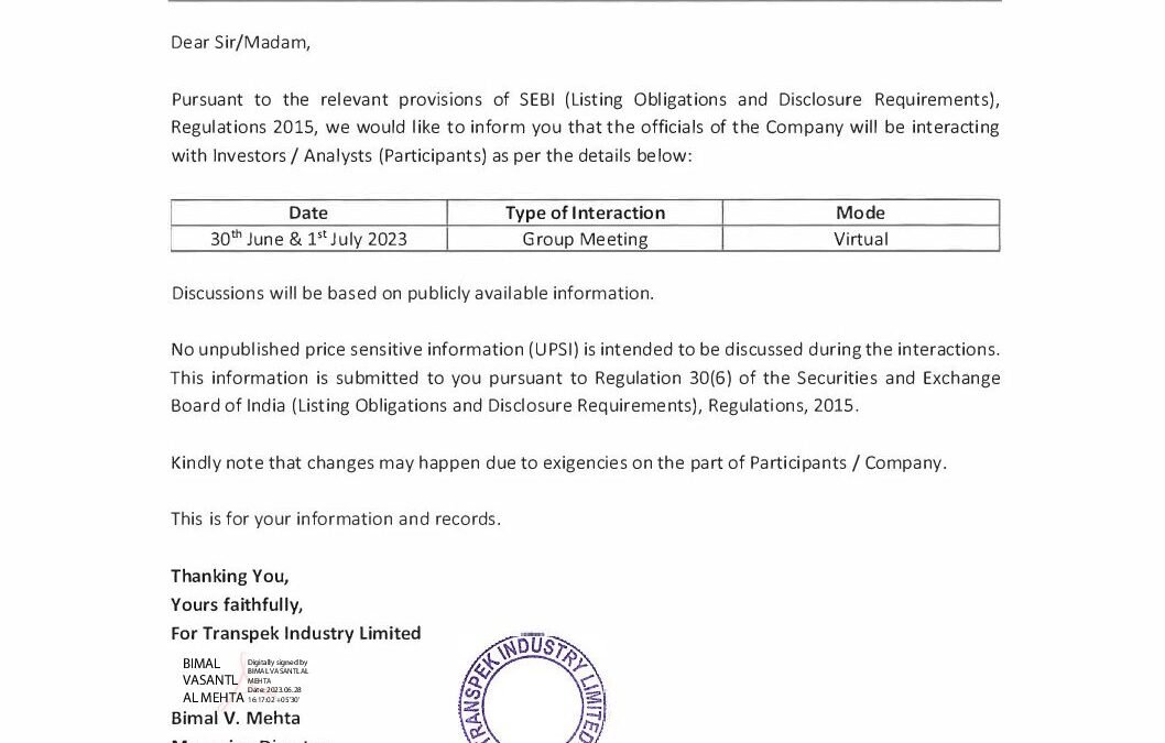 BSE Intimation Group Meeting | Transpek Industry Limited