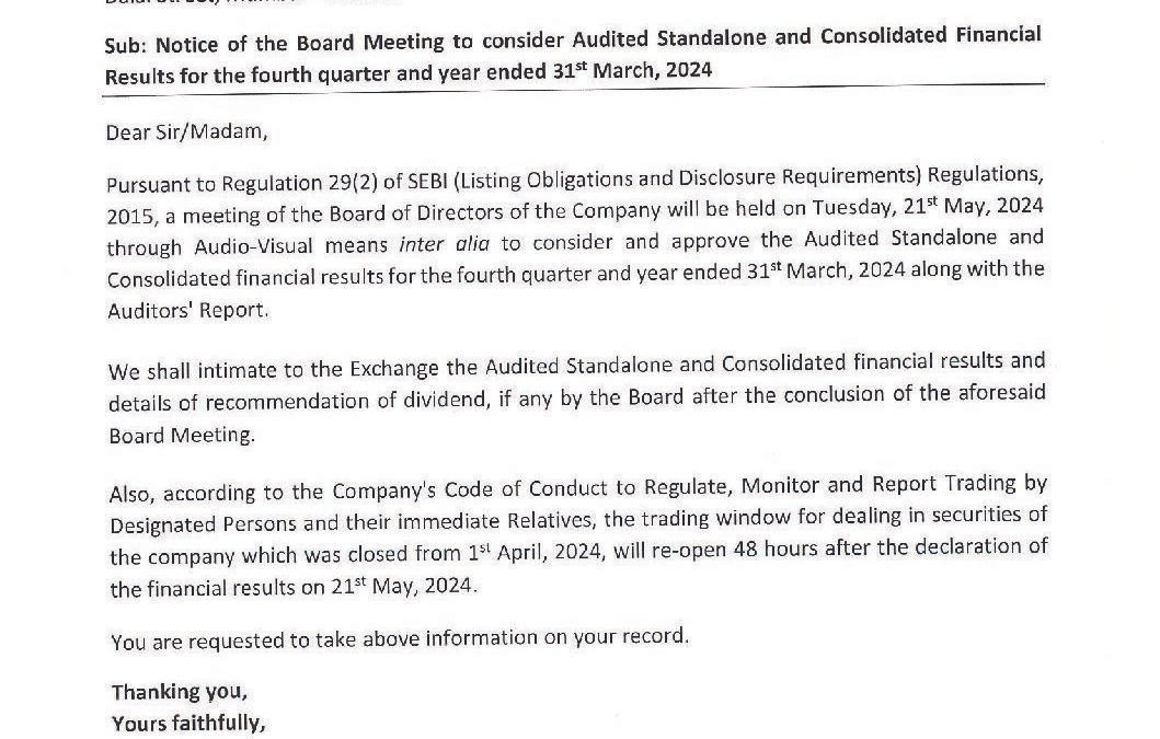 BSE Notice 21.05.2024 | Transpek Industry Limited